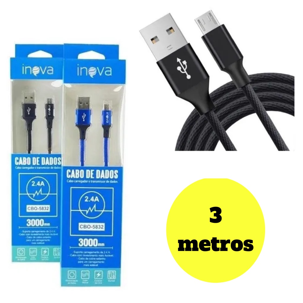Cabo Usb dados e carregamento Inova V8 3 METROS Cabo V8 Usb Carregador ...