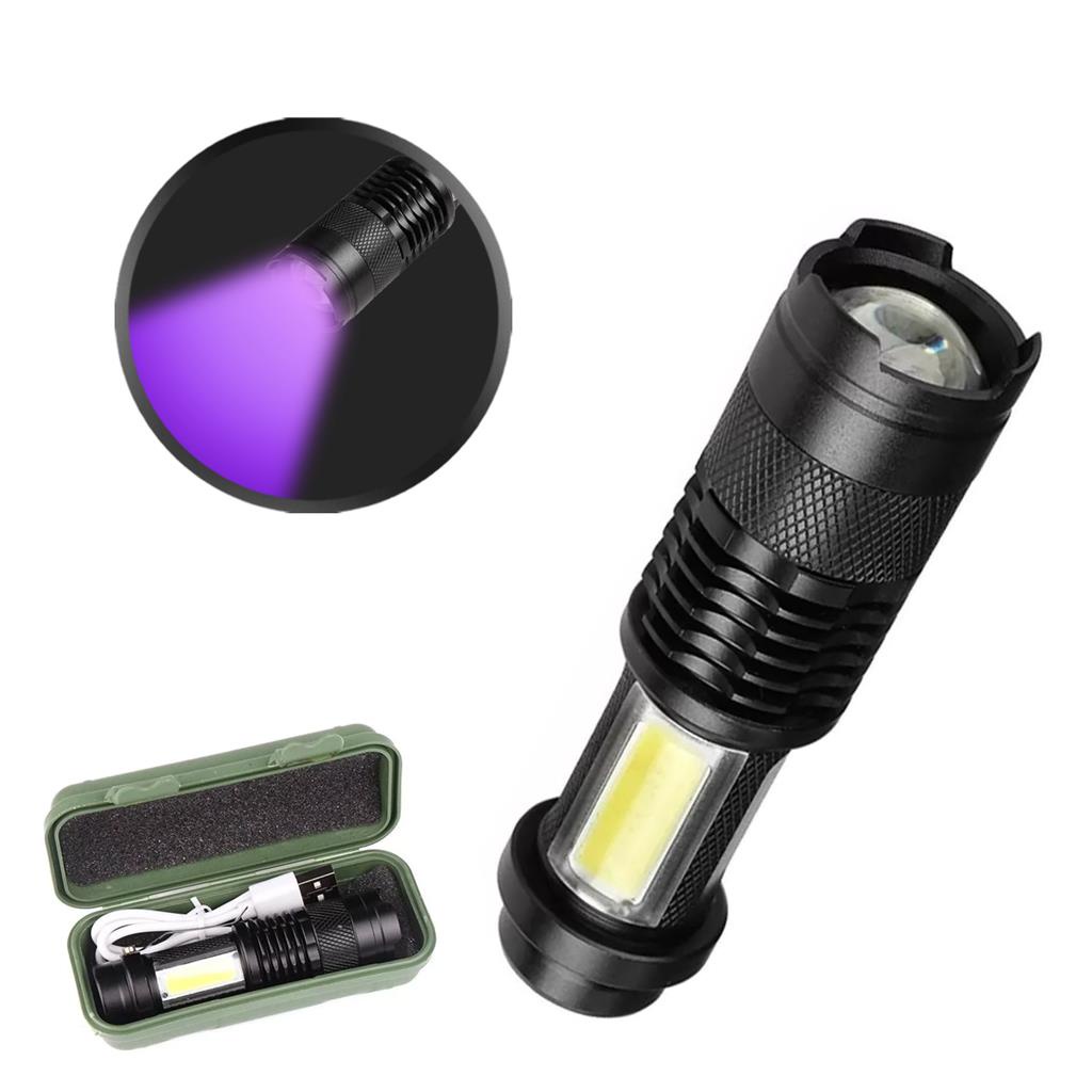 Lanterna Manual Recarregavel Luz UV Lilas 4 Modos Led Cob Lateral Zoom ...