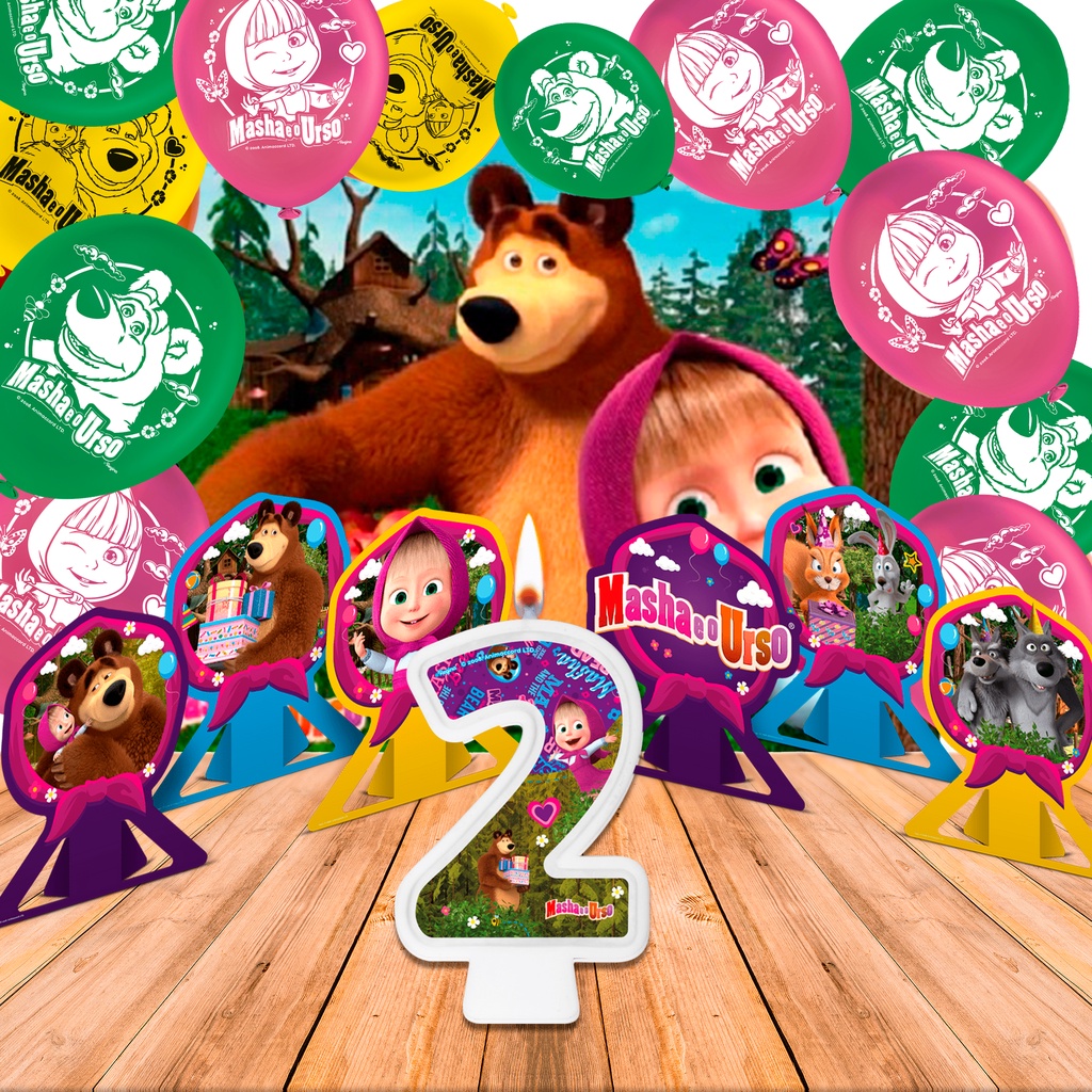 Kit festa Masha e o Urso Display +Painel + Bexigas + vela 2 KIT COM COR MAIS VIVA | Shopee Brasil
