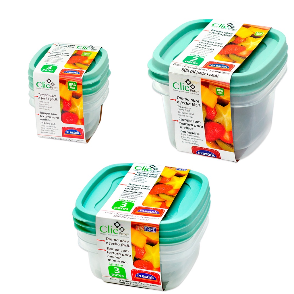 Kit com 8 potes plásticos para mantimentos Plasútil 200ml 500ml e 580ml ...