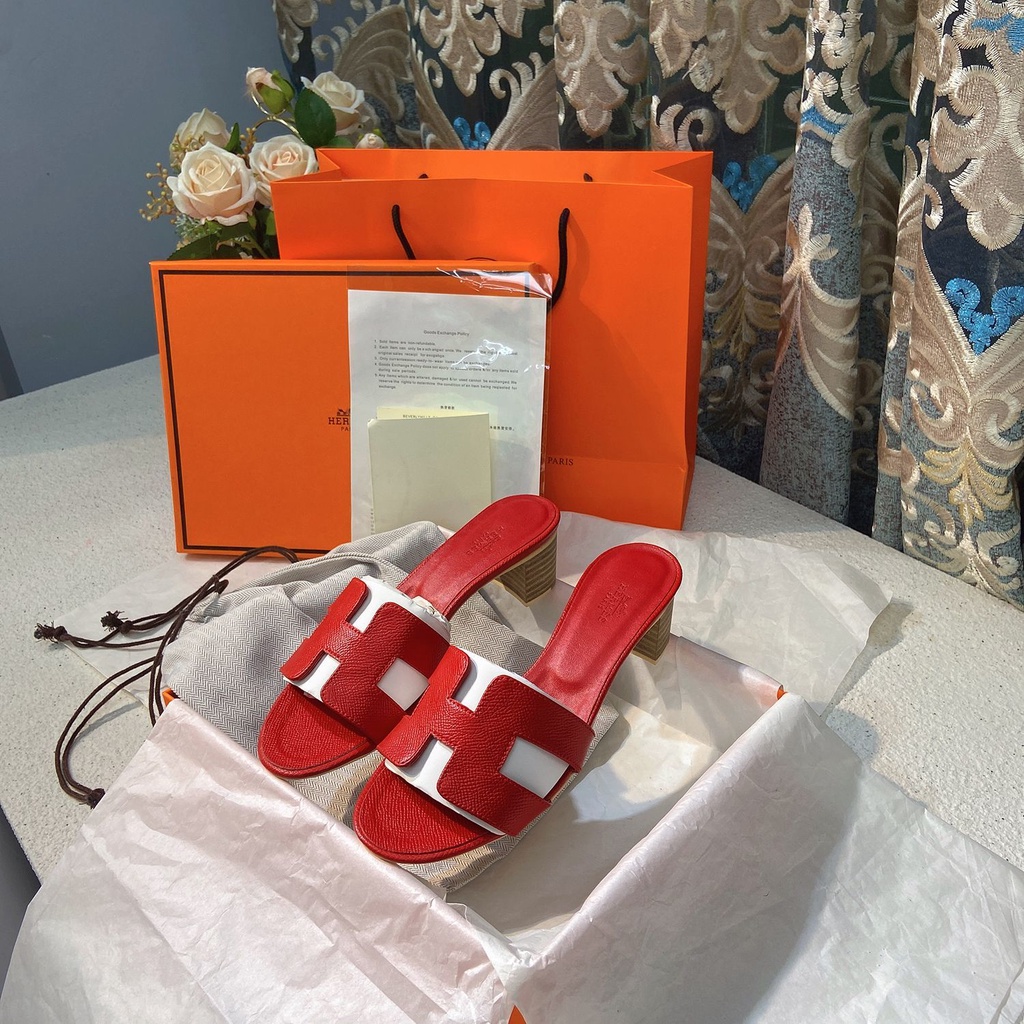 Hermès alta versão H chinelo feminino verão 2023 nova cor de couro com ...