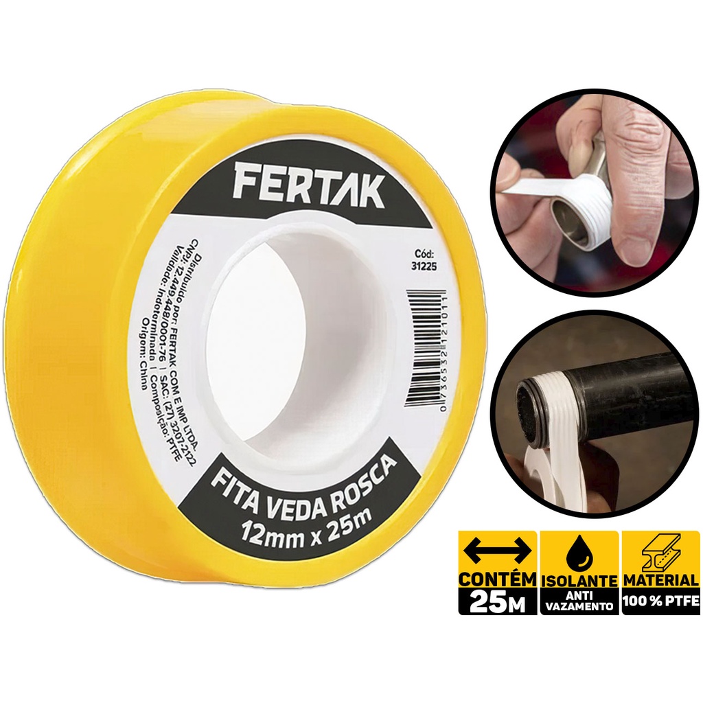 Fita Veda Rosca Fertak 12mm X 25 Metros Tubos Conexões 31225 | Shopee ...