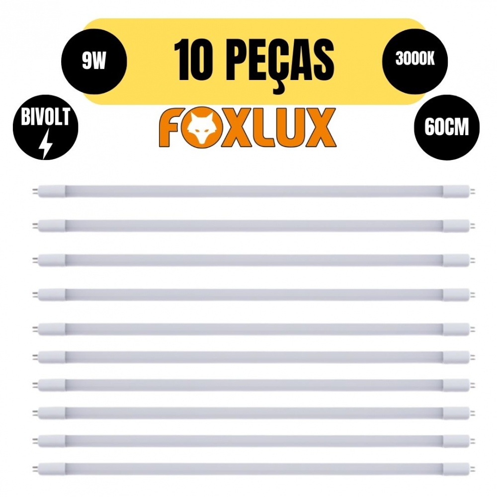 KIT 10 LAMPADA TUBULAR LED 9W 3000K BIVOLT 60CM FOXLUX LED05.04 | Shopee Brasil