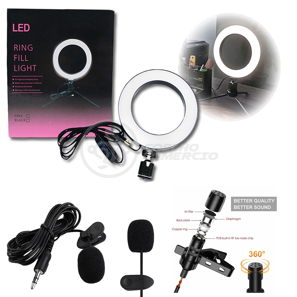 Kit Iluminador Led Ring Light de Mesa 6 Polegadas com Tripé de 16cm + Microfone Lapela | Shopee ...