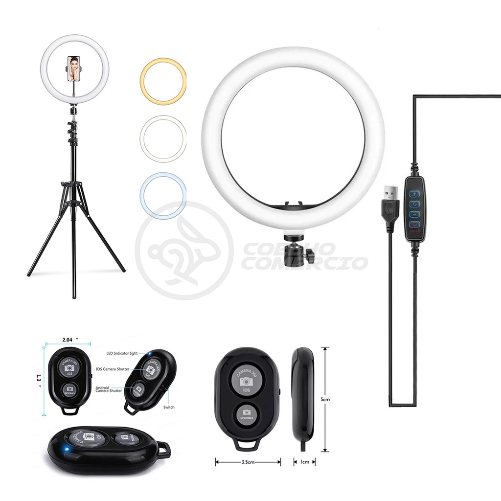 Conjunto Ring Light 12 Polegadas e Tripé de 1,5M + Disparador de Fotos Longo Alcance Bluetooth ...