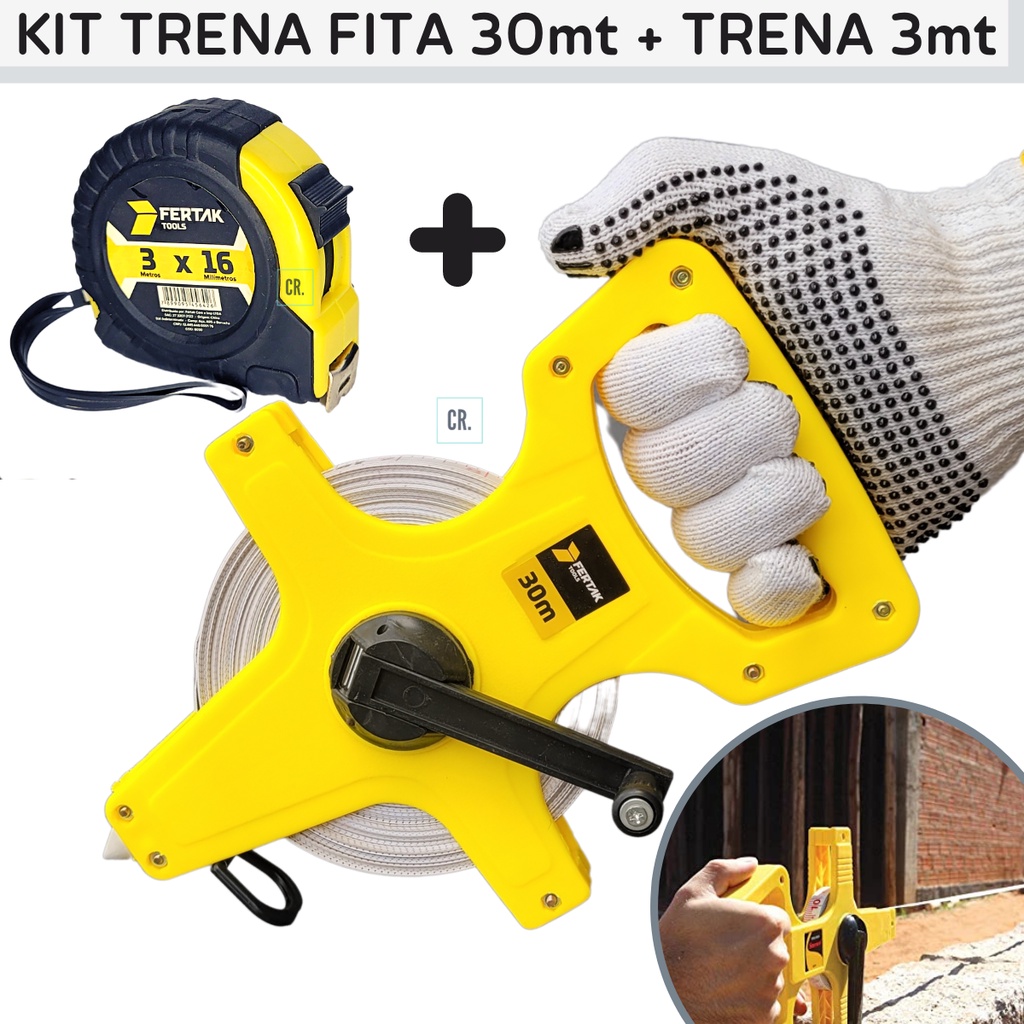 Kit Trena de Fita Aberta em Fibra de Vidro 30mt + Trena 3mt Fita Metrica Resistente Profissional ...