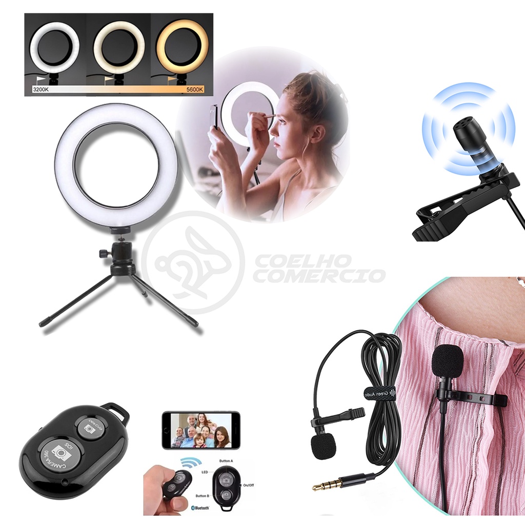 Ring Light de Mesa 6 Polegadas com Tripé de 16cm Incluso + Microfone Lapela + Disparador de ...