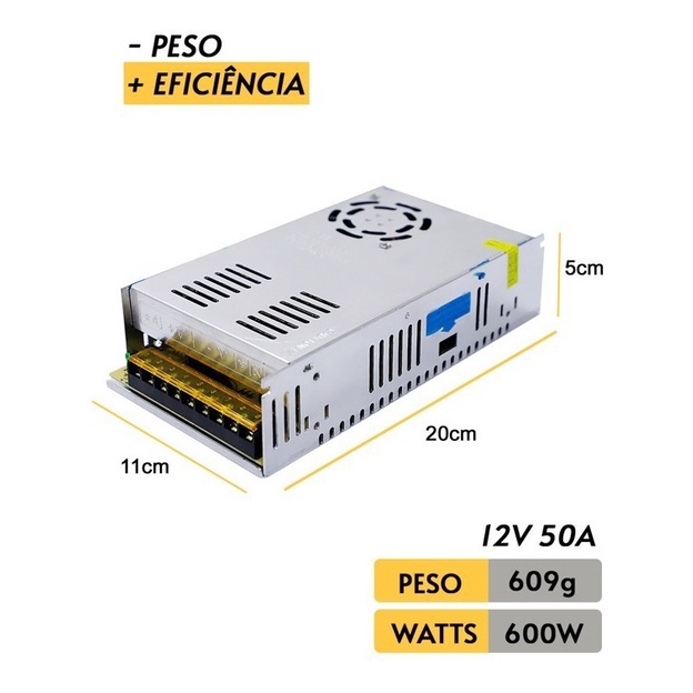 Fonte Chaveada 12v 50a 600w Bivolt Eletronicos fita led fonte para leds ...