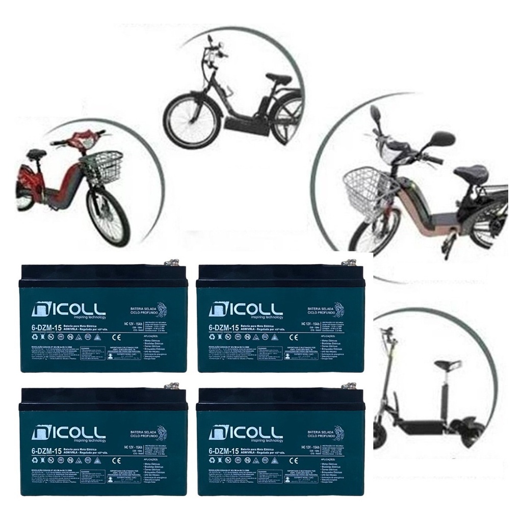 4 BATERIAS 12V 15AH CICLO PROFUNDO NICOLL SCOOTER ELETRICO BICICLETA ELETRICA COMPATIVEL COM ...