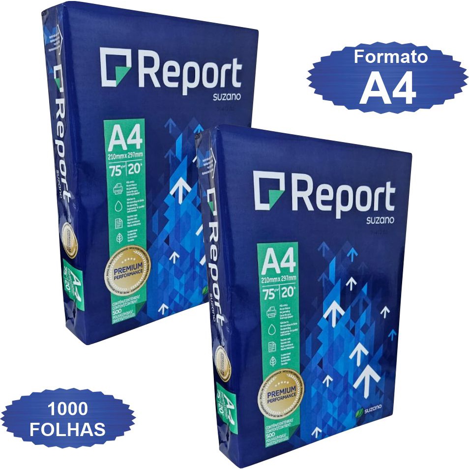 KIT Papel Sulfite A4 75g - 2 Resmas 1.000 Folhas Premium Report Suzano | Shopee Brasil