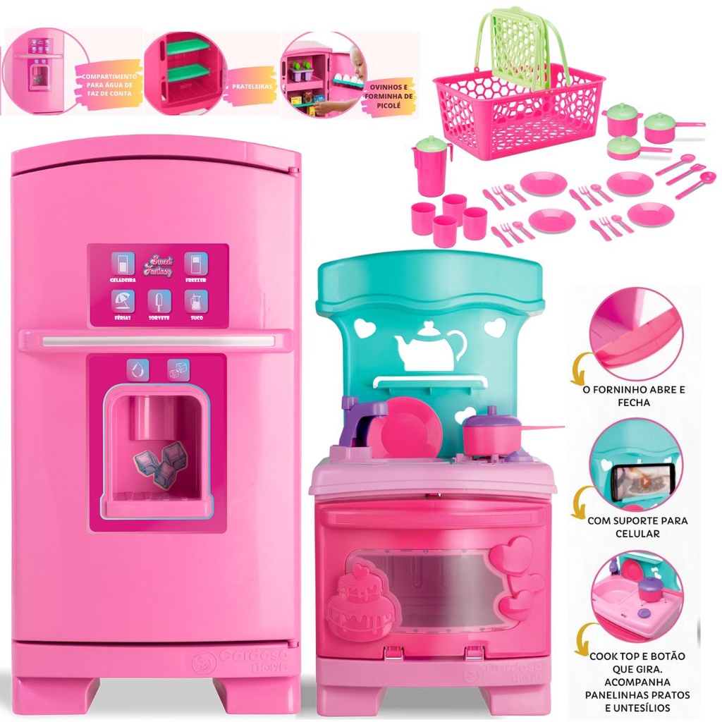 Kit Cozinha Infantil Completa Geladeira Rosa Grande, Fogão Infantil Panelinhas Brinquedo para ...