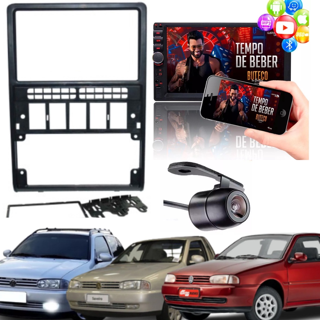 Kit Multimídia Completo Touch Screen+Câmera Ré Colorida+Moldura 2Din Gol G2/Parati G2/Saveiro/G2 ...