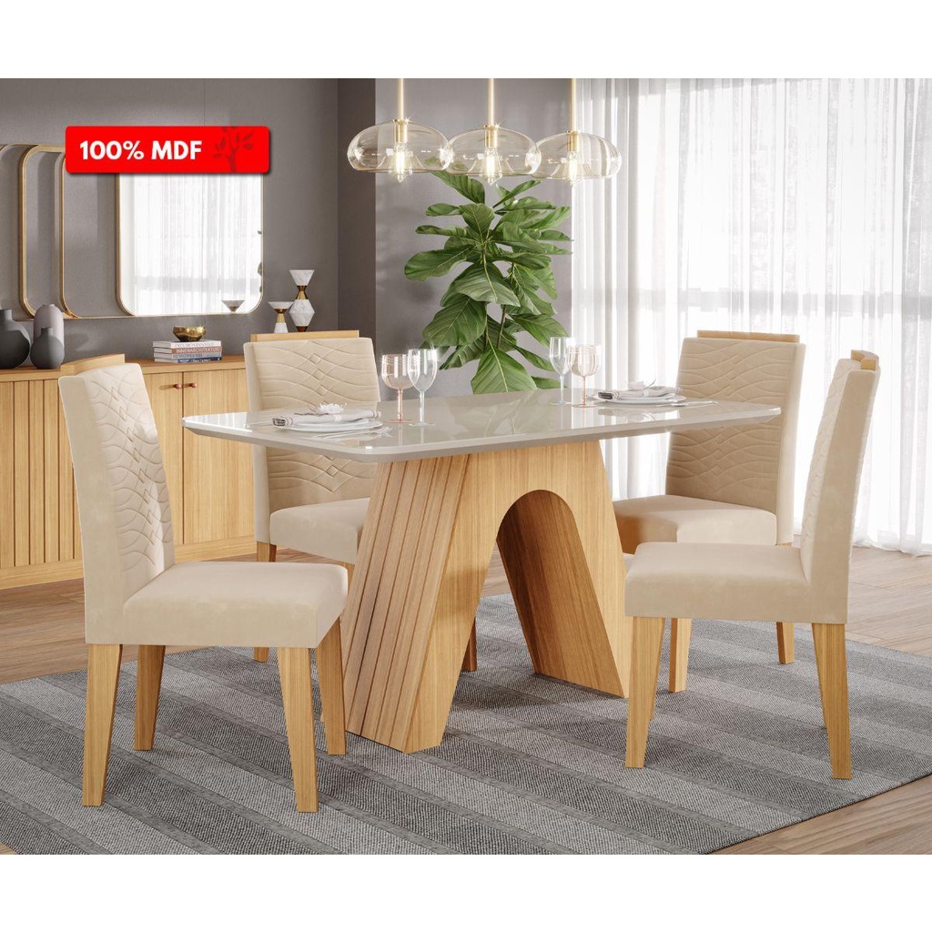 Conjunto Sala de Jantar Clara 130x80 cm Tampo em MDF/Vidro com 4 Cadeiras Clarice Cimol Nature ...
