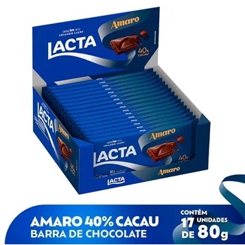 Barra de chocolate meio amargo 40% cacau caixa com 17 unidades de 80g - Lacta | Shopee Brasil