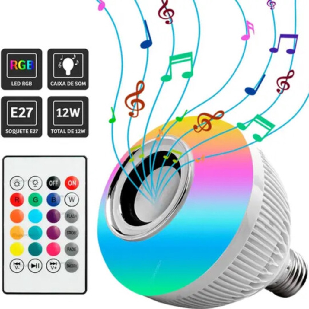 Lampada Led Rgb Caixa Som Música Bluetooth E27 12w Controle | Shopee Brasil