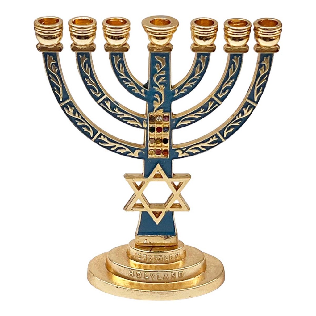 candelabro menorá castiçal judaico importado em metal dourado com azul ...