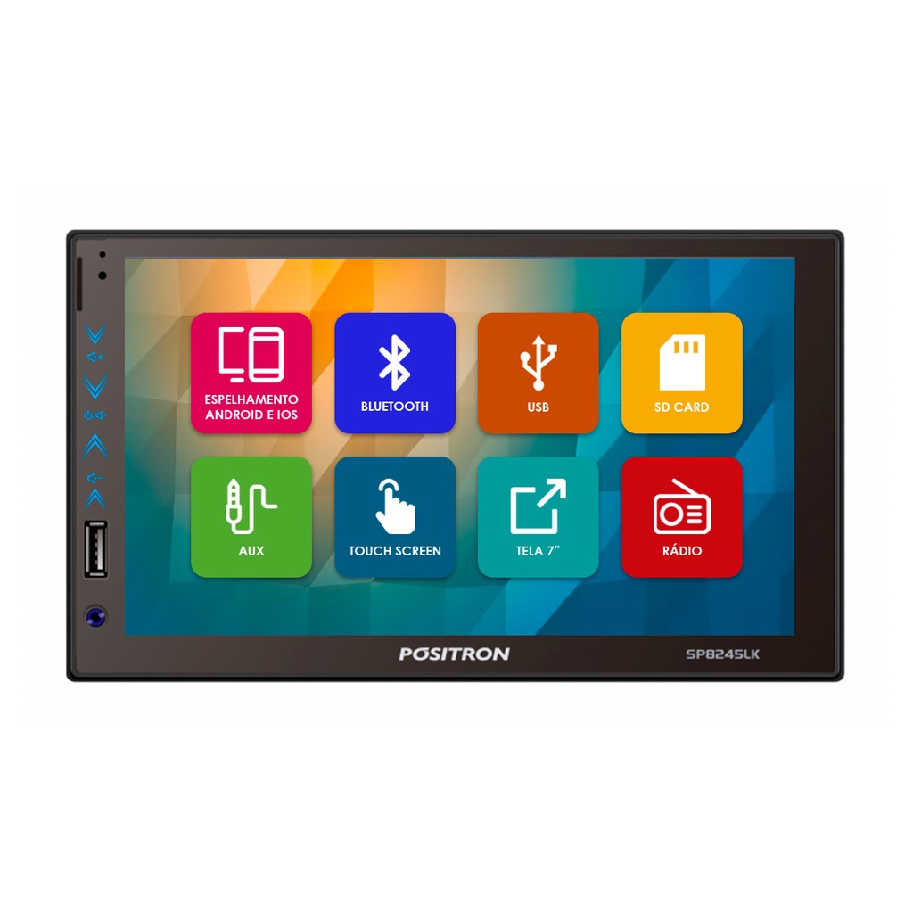 Central Multimídia 2 Din 7 Pol Pósitron SP8245LK Bluetooth Espelhamento Android IOS Usb Fm ...