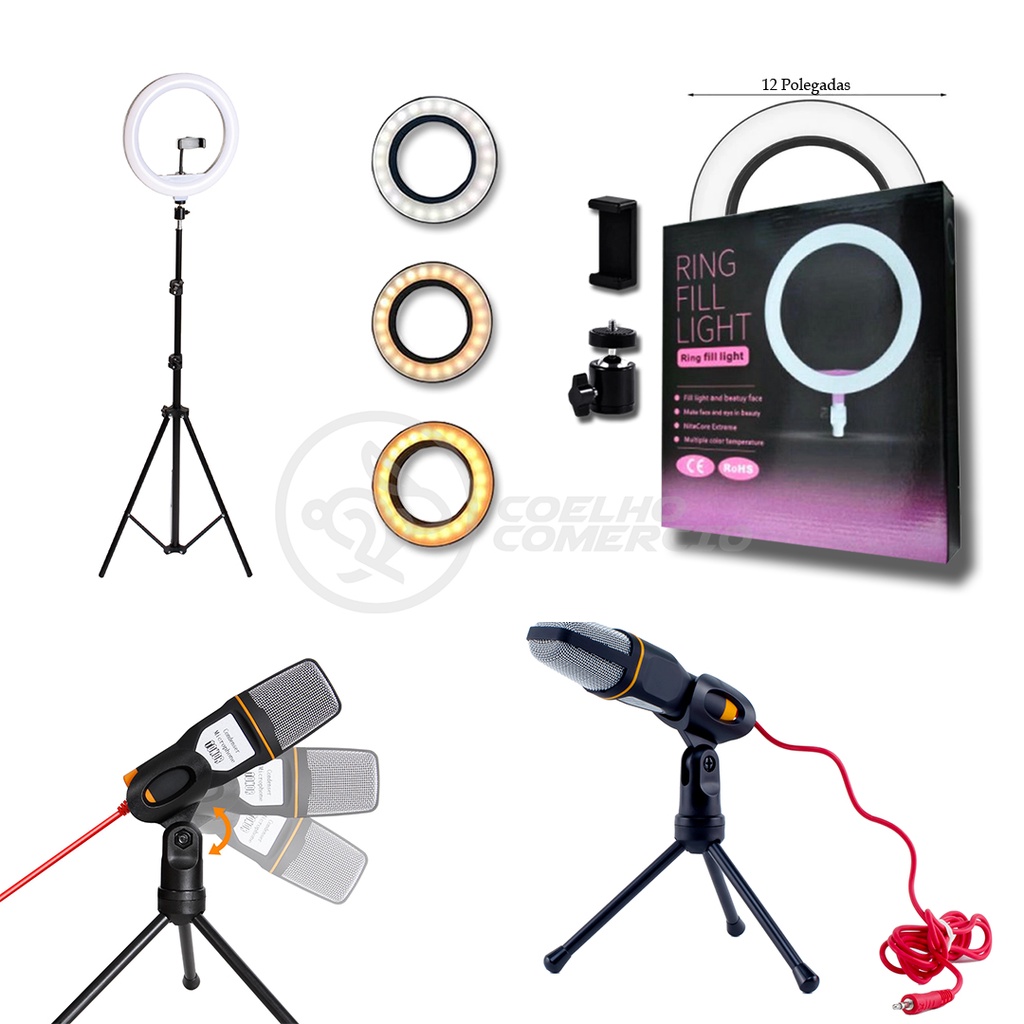 Ring Light 12 Polegadas com Controle de Ajuste + Microfone para Podcast SF-666 + Tripé de 1,5M ...