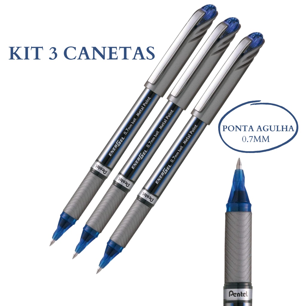 Caneta Rollerball Azul Pentel Com Tampa Kit Com 3 Unidades 0.7 mm Metal ...
