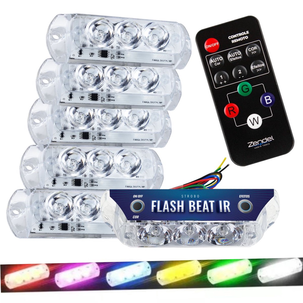6 Strobos Flash Beat Ir Farol Ritmico Central e Controle c Leds que ...