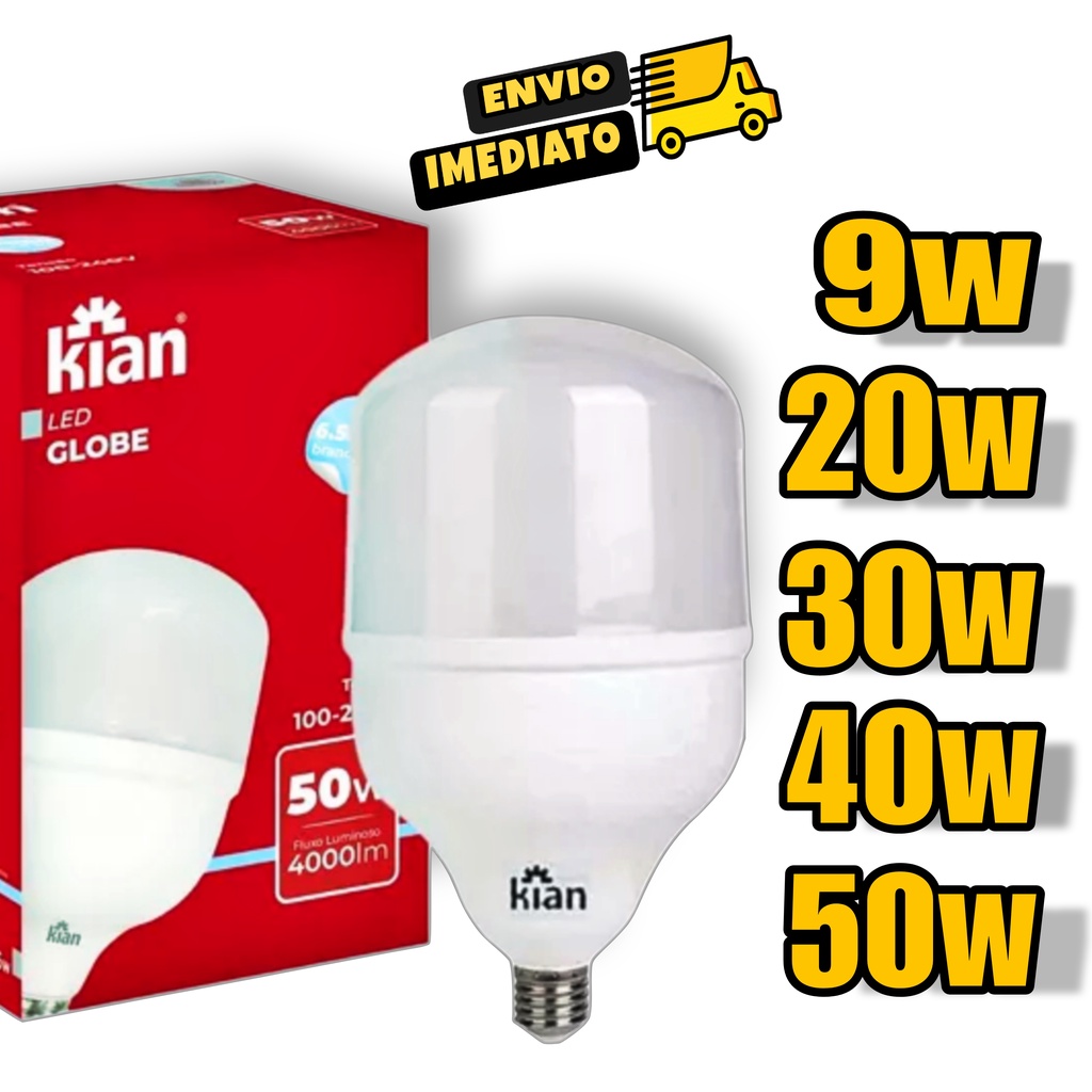 Lâmpada Led Globe Super Bulbo 9w, 20w, 30w, 40w, 50w E27 Bivolt 6500K Branco Frio KIAN ORIGINAL ...