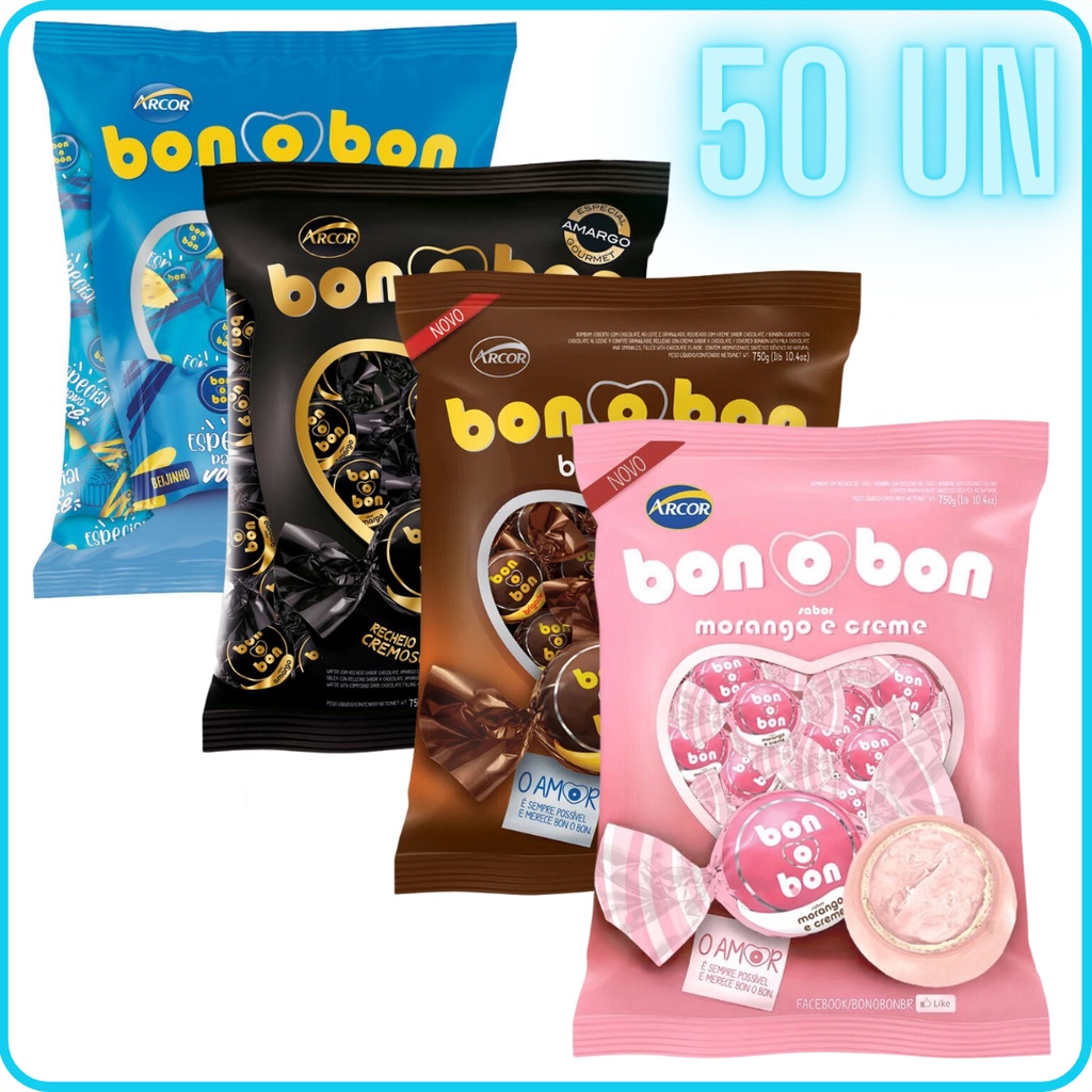 BOMBOM BON O BON PCT C/50 UNIDADES - 4 SABORES | Shopee Brasil