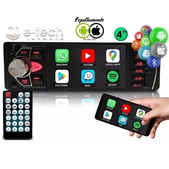 Mp5 1 Din E-tech Tela 4 Polegadas Espelhamento Bluetooth Usb Sd Controle 4x50w Rms | Shopee Brasil