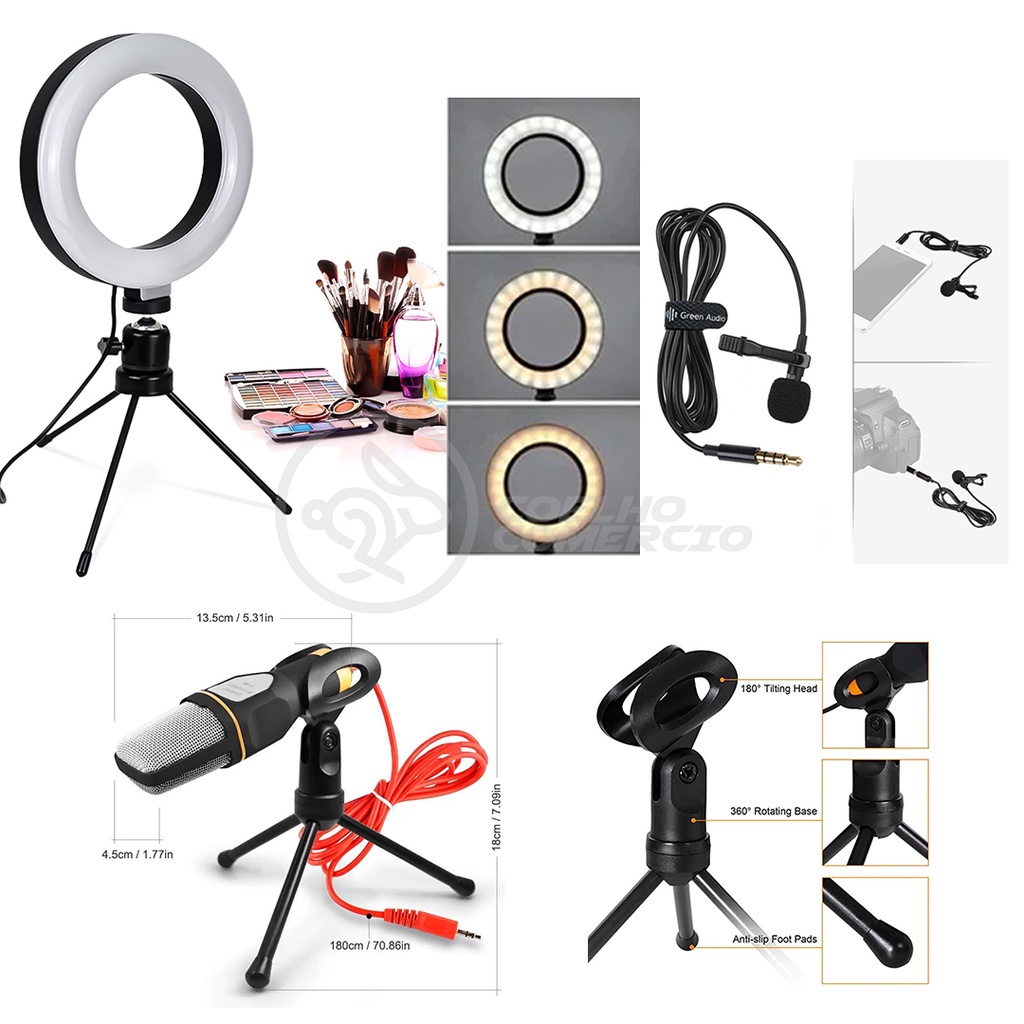 Kit Ring Light de Mesa 6 Polegadas com Tripé de 16cm + Microfone SF-666 + Microfone Lapela ...