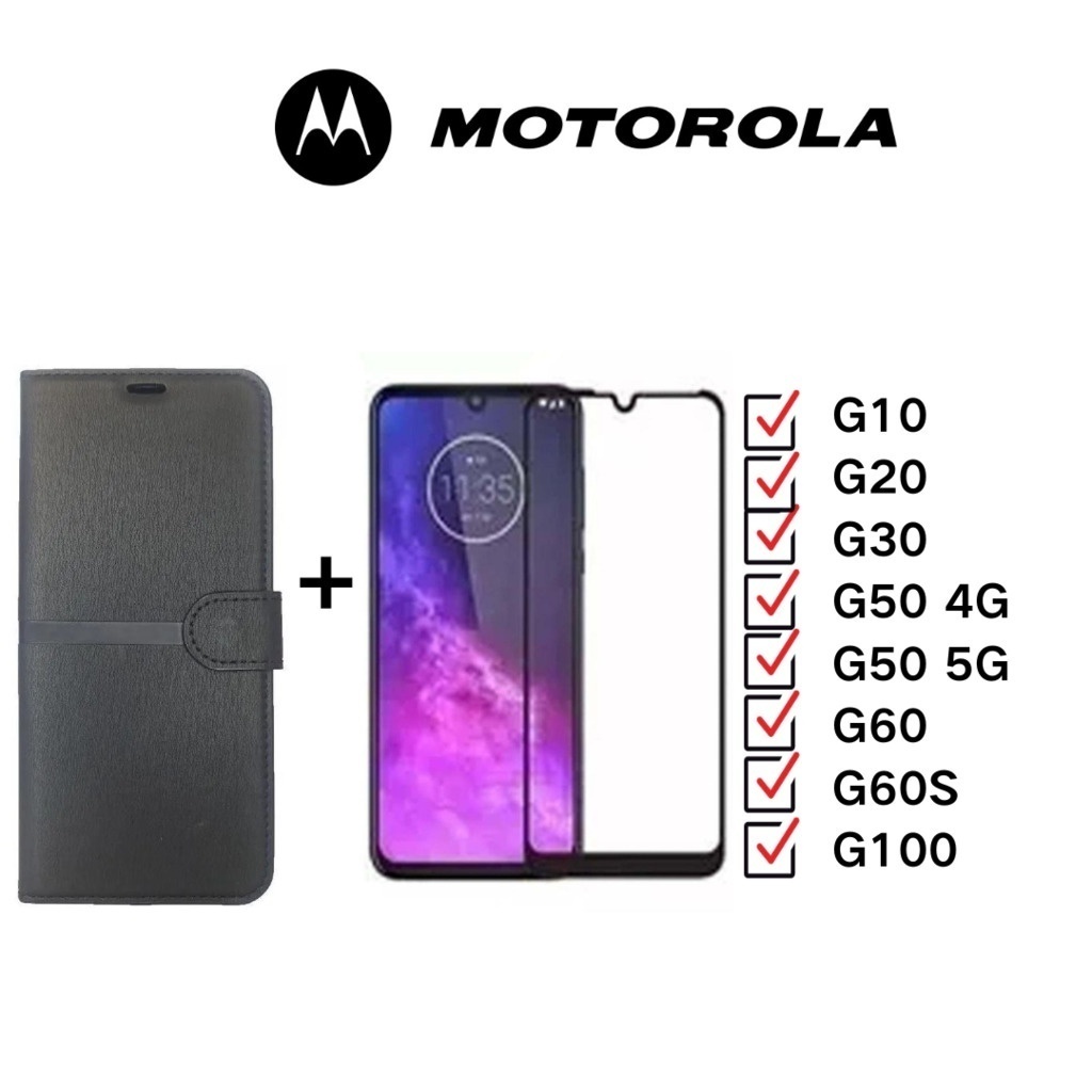 Kit Capa Carteira Flip + Película de Vidro 3D 9D Anti Shock Para Motorola G10/ G20/ G30/ G50 4G ...