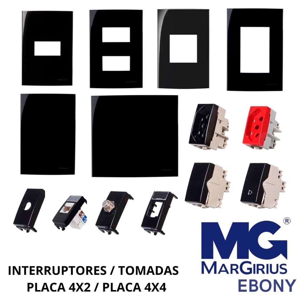 Tomada Interruptor Margirius Sleek Ebony Preto/preta/black Brilhante Linha Completa Residencial ...