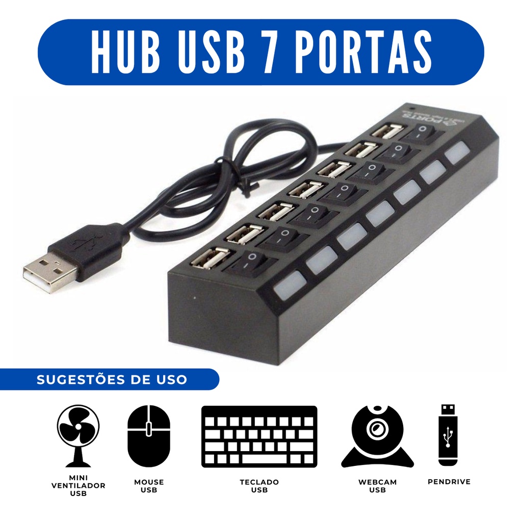 Hub Usb 7 Portas Hd Extensor Entradas 2.0 Pen Drive Teclado | Shopee Brasil