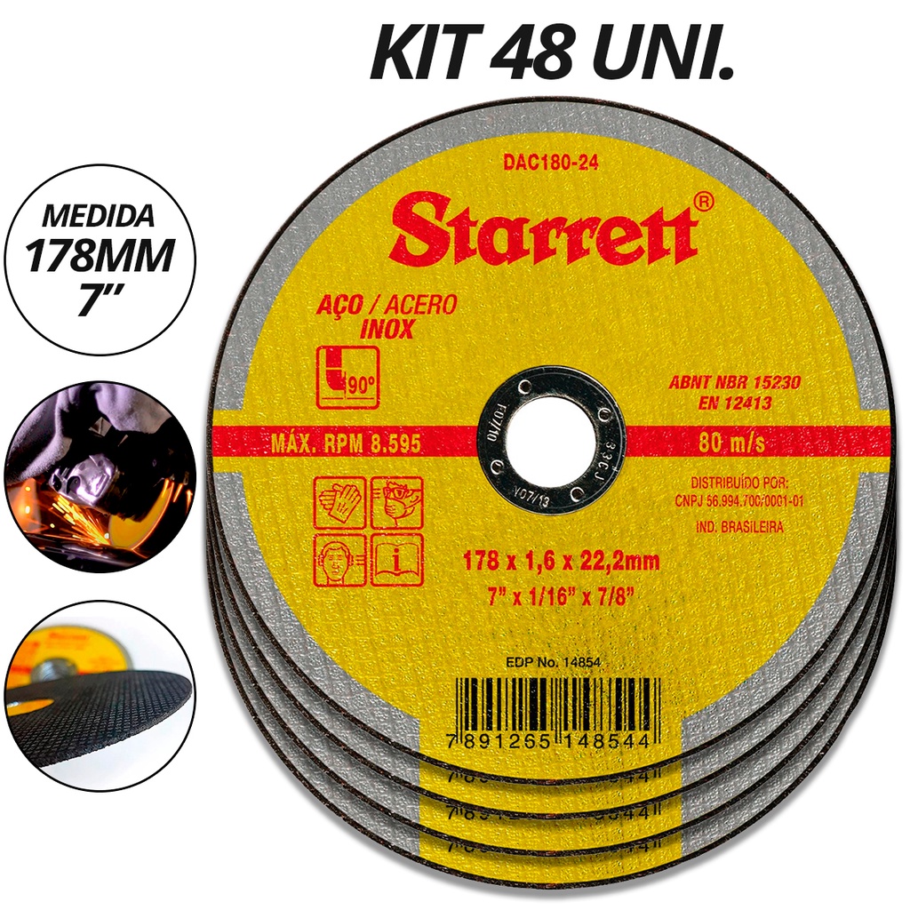 Kit 48 Disco de Corte 7 Pol. Aço Inox Dac180 24 Starrett Para Lixadeira ...