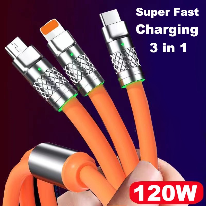 Cabo De Carregamento De Liga De Zinco 1.2M 3 Em 1 120W 6A USB Super Carga Rápida Para Micro IOS ...
