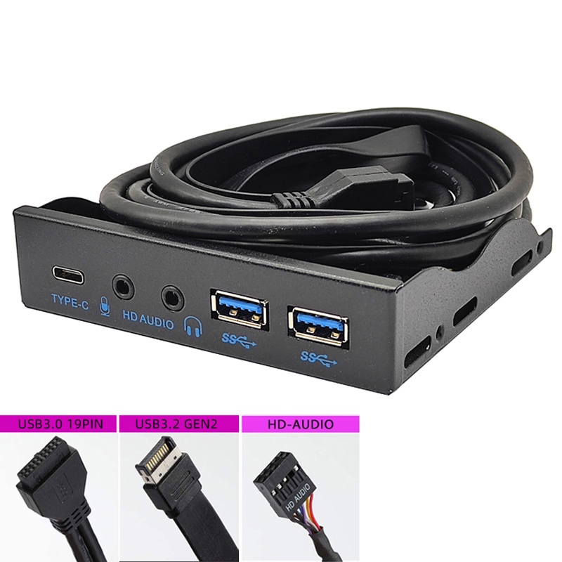 Painel frontal USB para PC USB3.2 Gen2 10Gbps Tipo C 19Pin 2 Portas USB 3.0 Hub HD Áudio 3.5mm ...