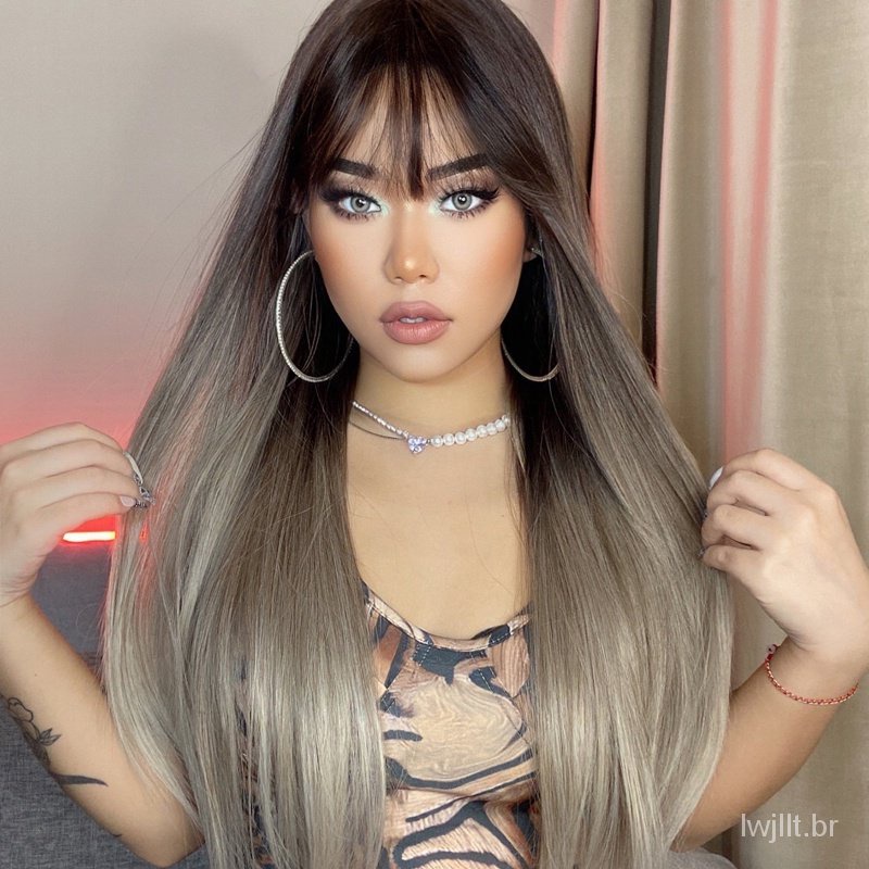 Mulher peruca, tingida e gradada cinza, cabelo comprido e liso de Qi ...