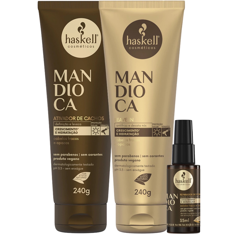Kit Haskell Mandioca Ativador de Cachos Leave In e Reparador | Shopee Brasil