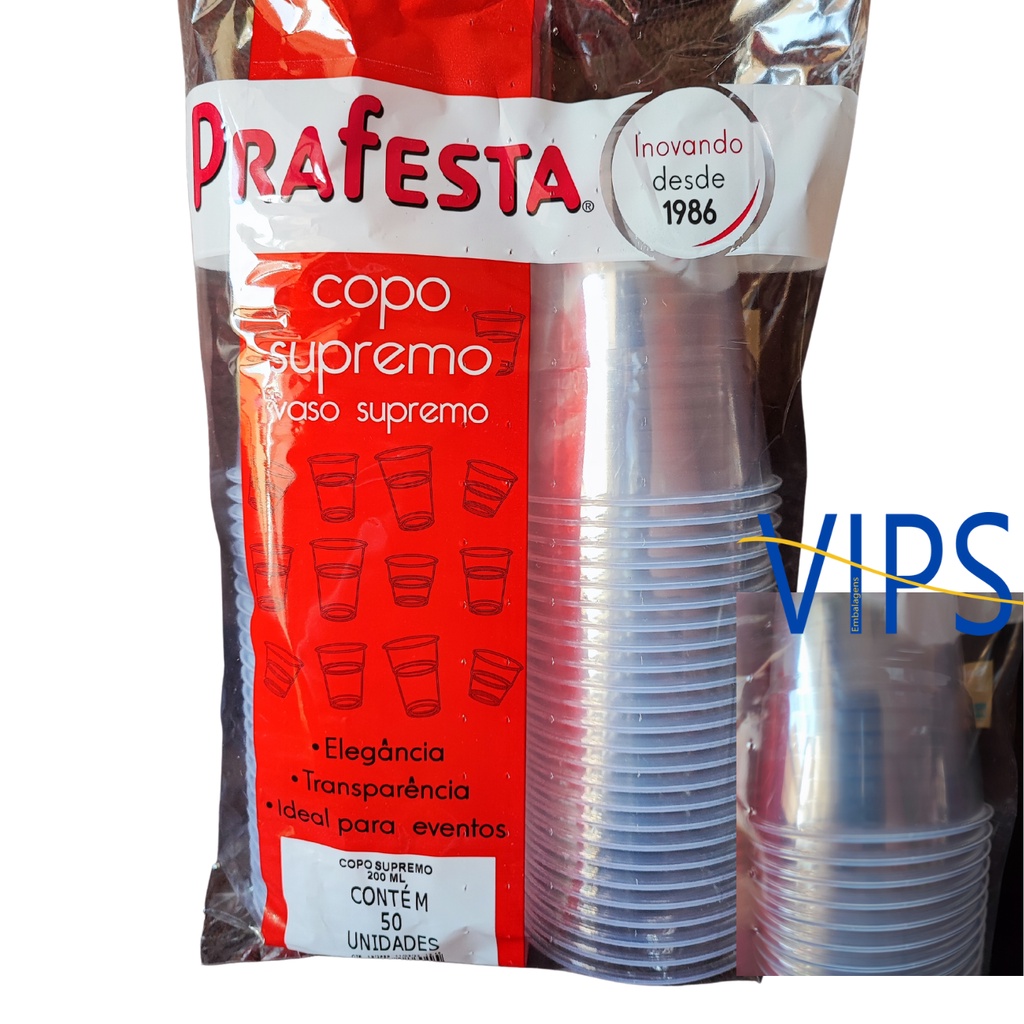 Copo Semi Acrílico Liso Transparente Supremo 200ml c/50 Prafesta. "TAMPA VENDIDA SEPARADAMENTE ...