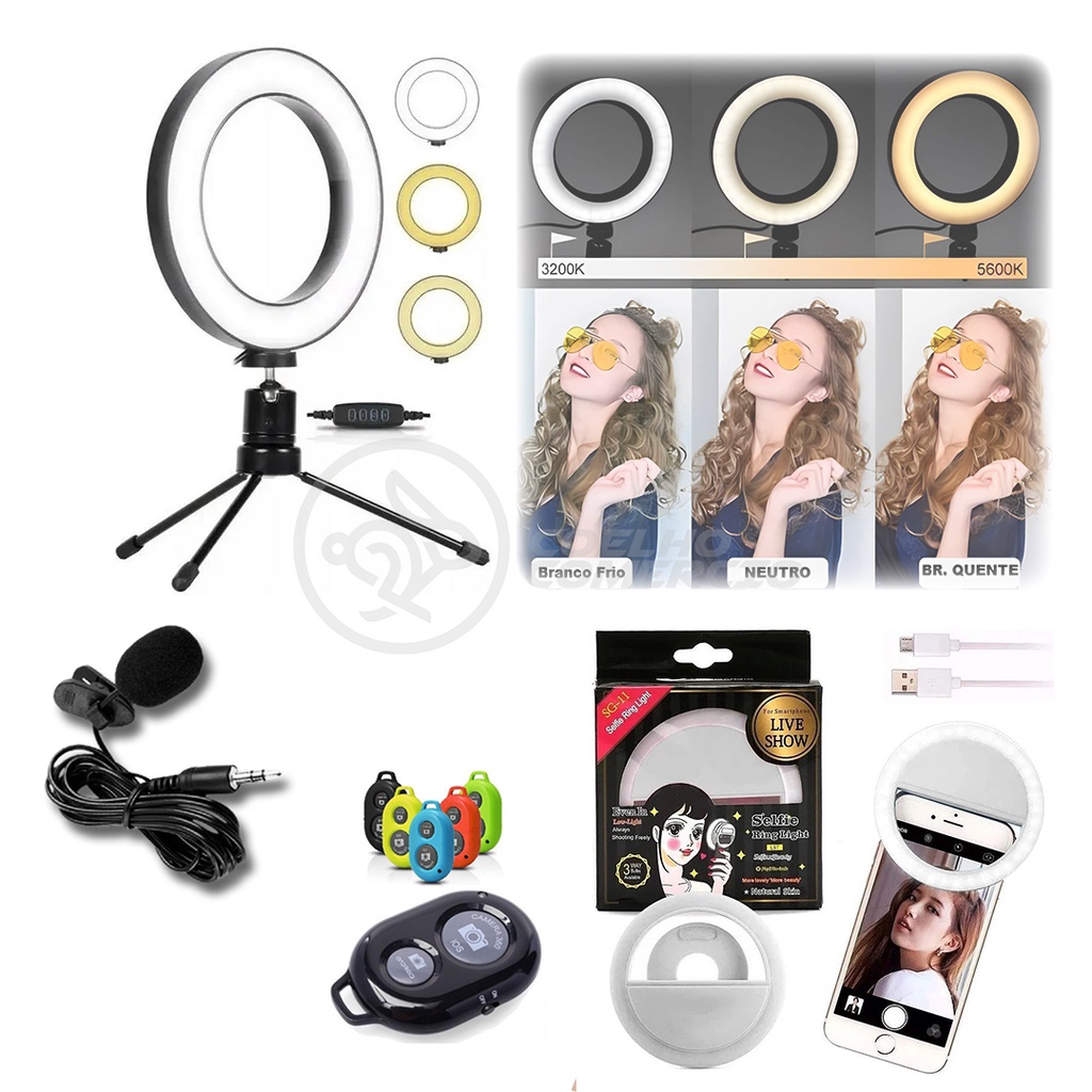 Ring Light de Mesa 6" com Tripé de 16cm + Microfone Lapela + Disparador de Fotos + Mini Ring ...
