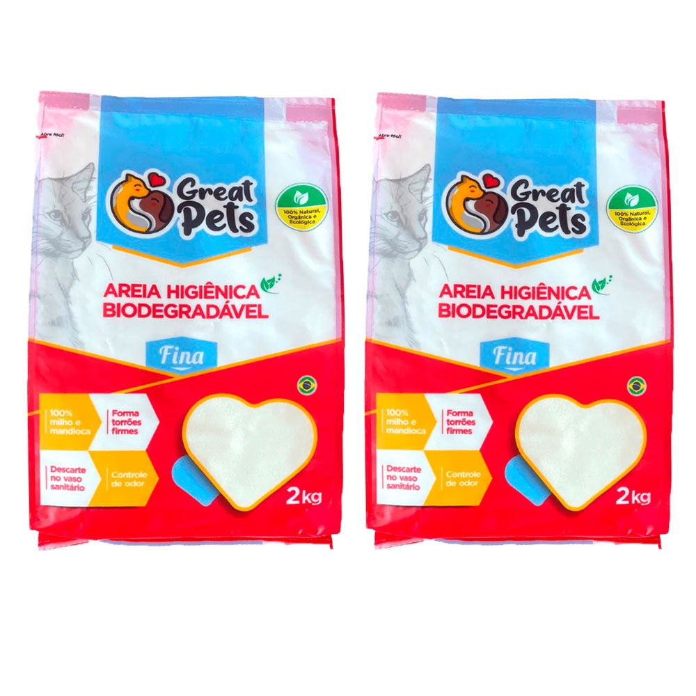 Kit 02un Areia Higiênica Biodegradável Para Gatos Great Pets Fina 2kg | Shopee Brasil