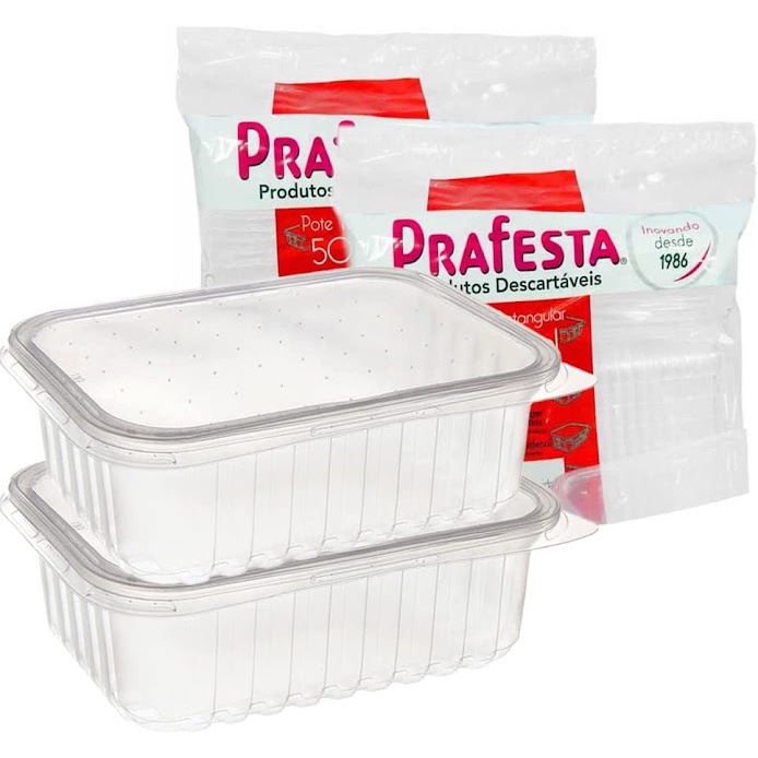 Pote Retangular Prafesta 500ml com tampa com 24 unidades marmita freezer e microondas - Faz a Boa!