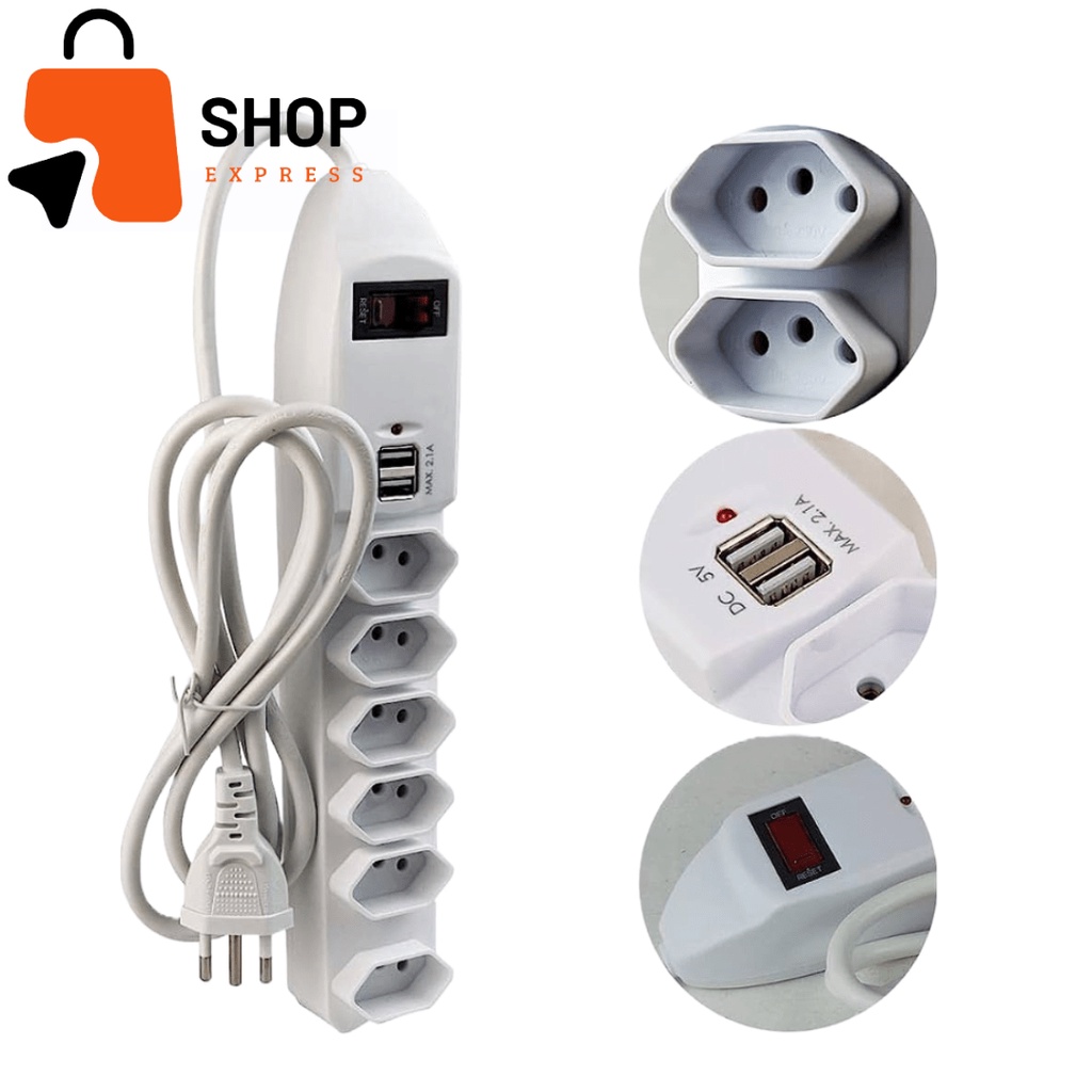 Régua filtro de linha com 6 tomadas extensão elétrica 2 usb bivolt 10a 110v/220v cabo de 1,5 ...