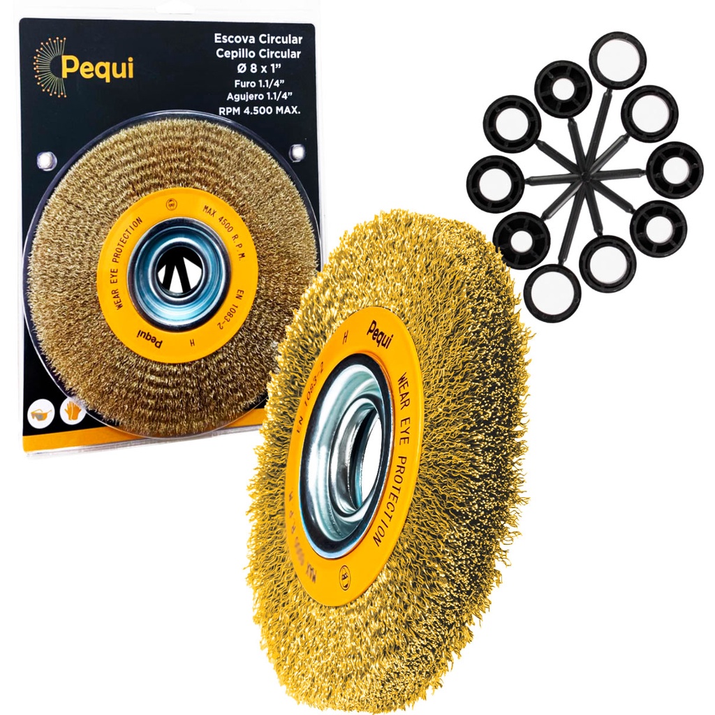 Escova Circular Ondulada PEQUI 8" x 1" Aço Latonado 0,30 mm Máx 4500 ...