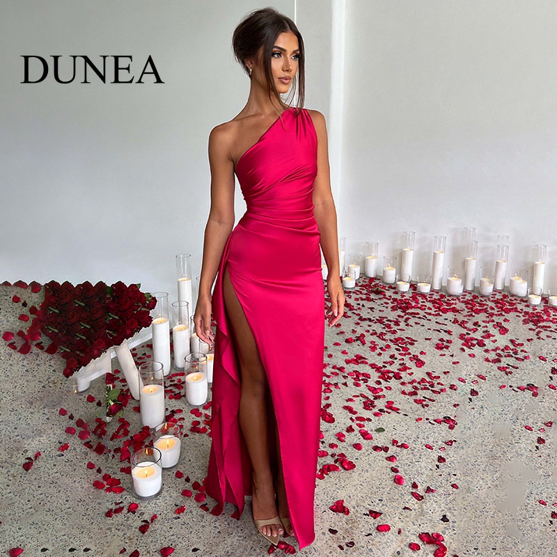 DUNEA Women Vestido De Um Ombro Pregueado De Cetim Com Fenda | Shopee Brasil