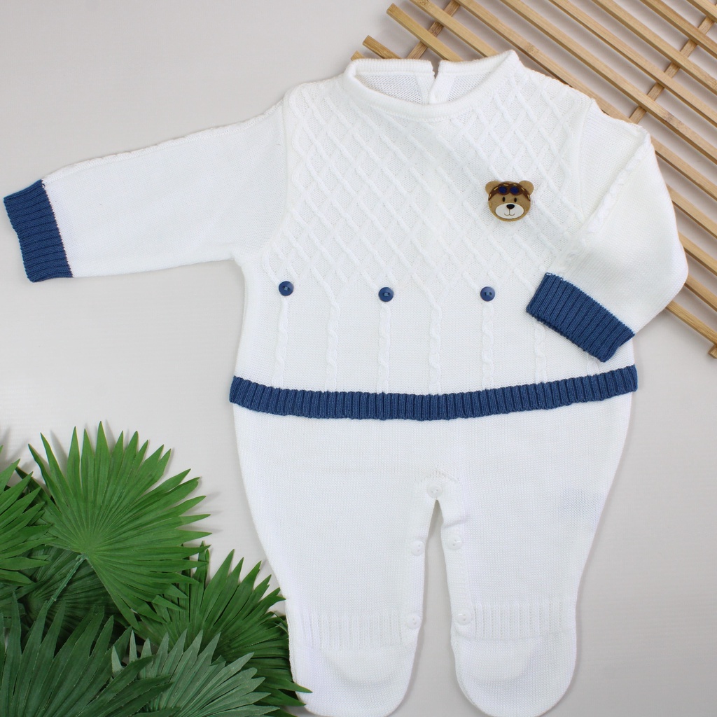 Macacão De Tricô Bebê Menino Samuel - Azul Jeans | Shopee Brasil