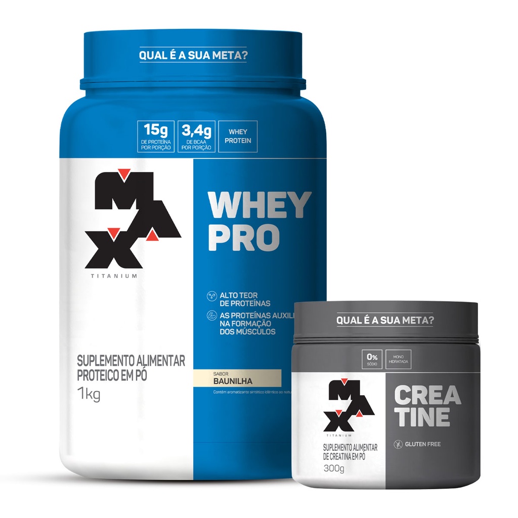 Kit Whey Pro 1kg Pote Creatina Pura Monohidratada 300g Max Titanium