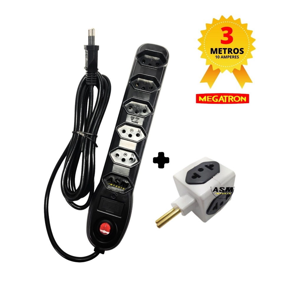 Filtro De Linha 6 Tomadas + Cubo Adaptador Regua Eletrica Megatron Bivolt 10A/250V Alta Carga ...