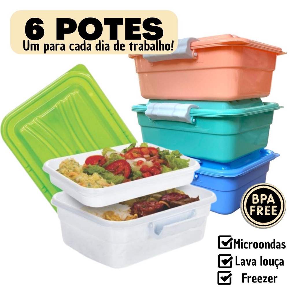 Pote vasilha retangular com tampa e trava 6pçs marmita semana com ...