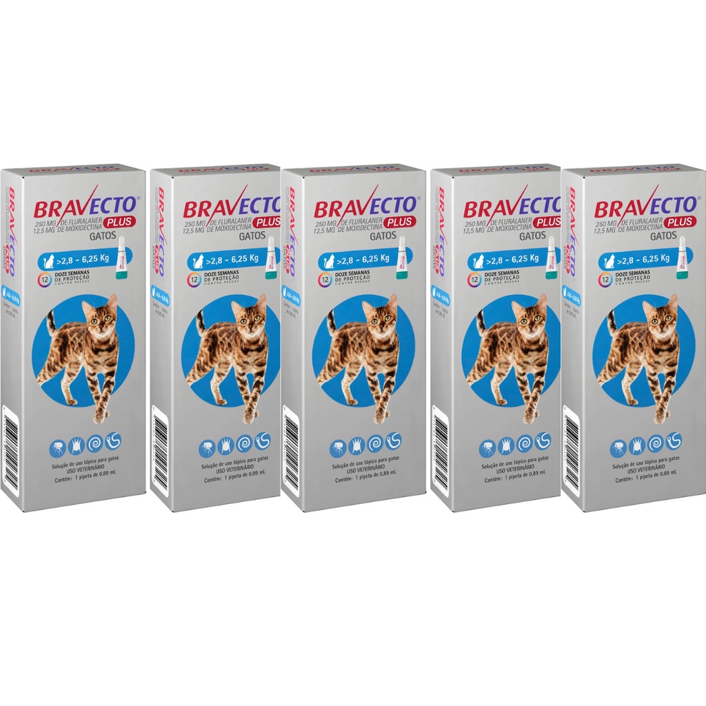 5 Bravecto Plus Gatos Transdermal 2,8 A 6,25Kg 250Mg Vermif. | Shopee Brasil