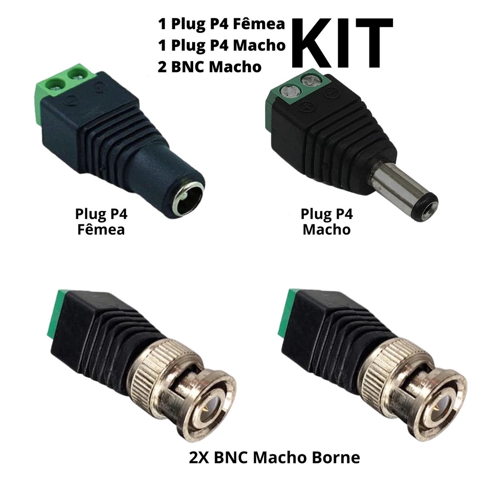 Conector P4 Macho Fêmea, Conector BNC Macho para Câmera de CFTV ...