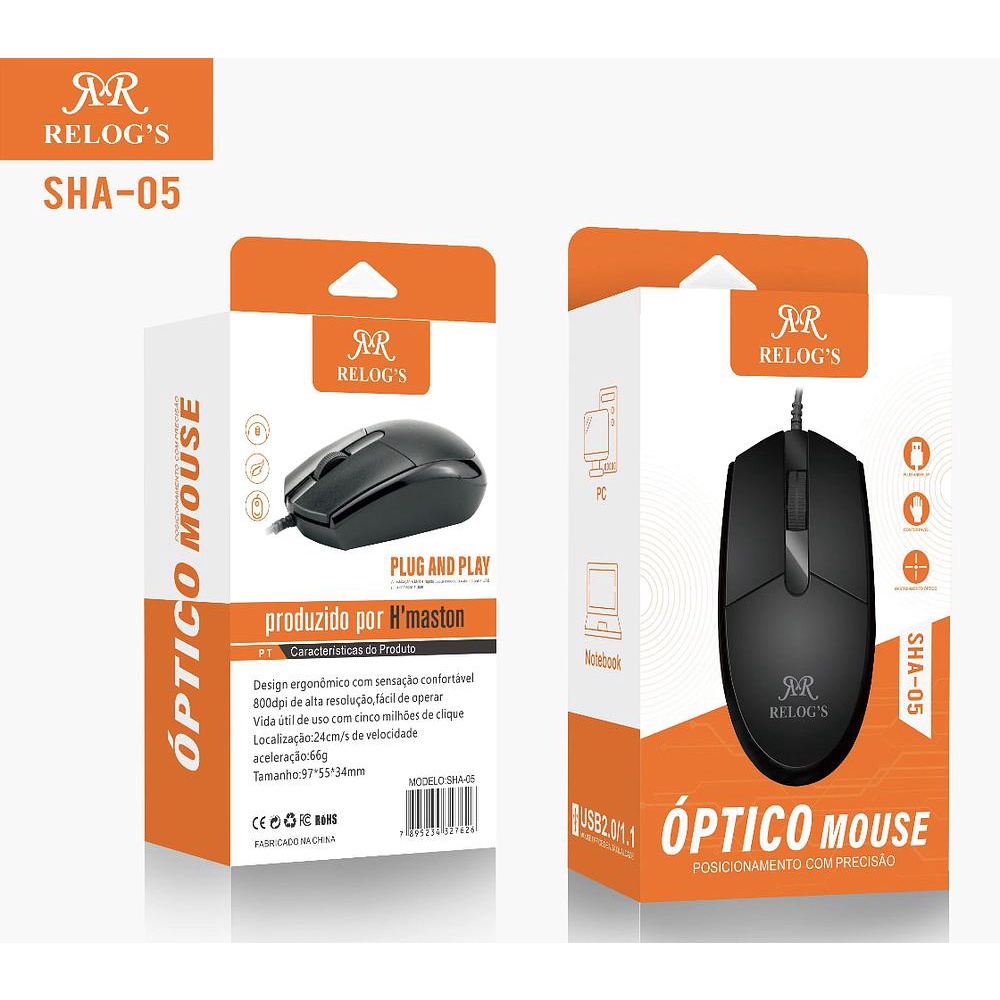 Mouse Com Fio Usb Optico 3 Botões 800dpi Relog's SHA-05 Preto | Shopee ...
